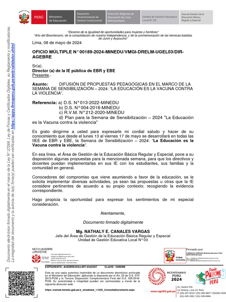 Oficio Multiple 00189 2024 Minedu Vmgi Drelm Ugel03 Dir Agebre | PDF ...