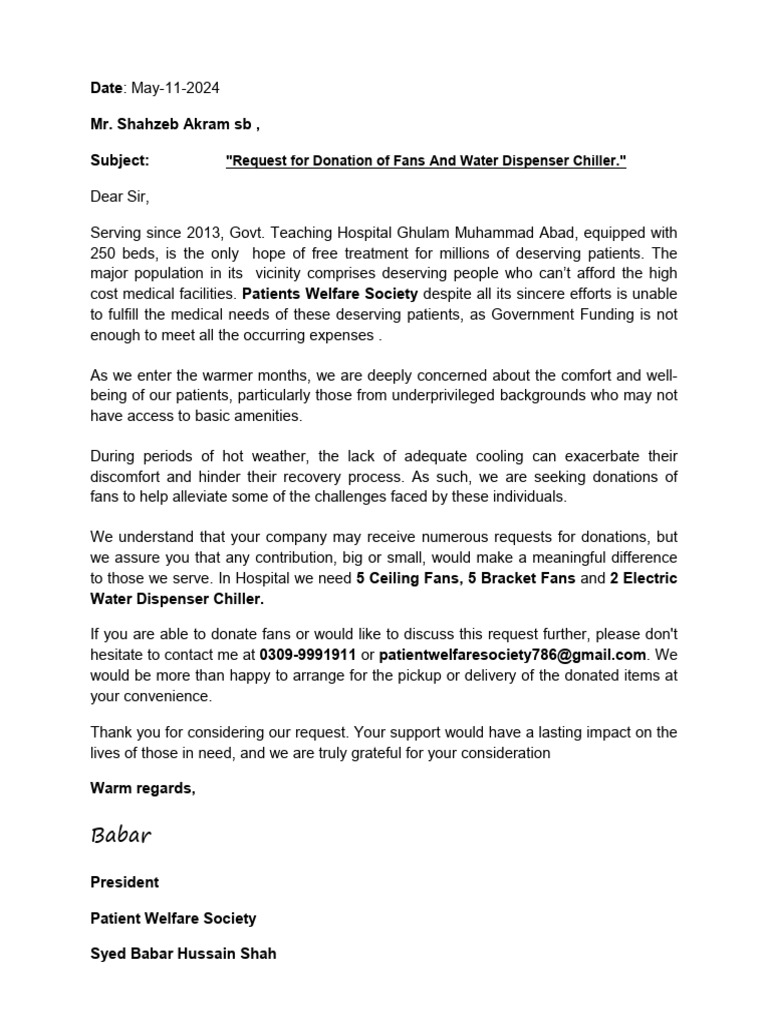 Donation Request for Hospital Fans & Chillers | PDF