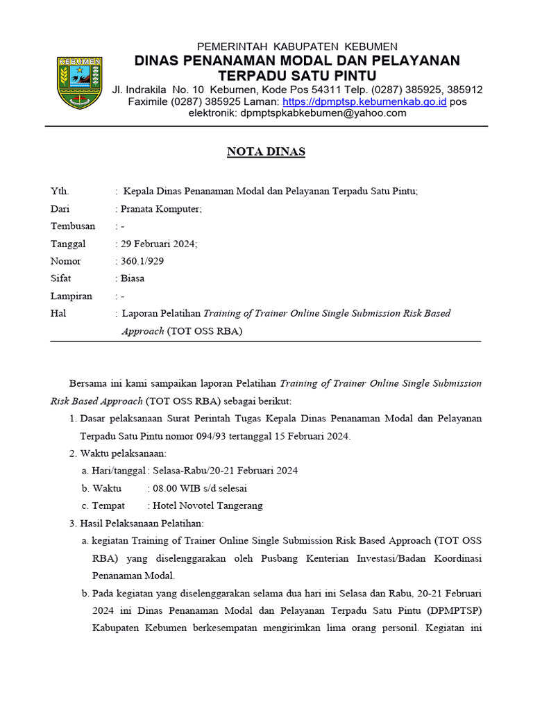 2024-002. Nota Dinas Laporan Kegiatan TOT OSS RBA | PDF