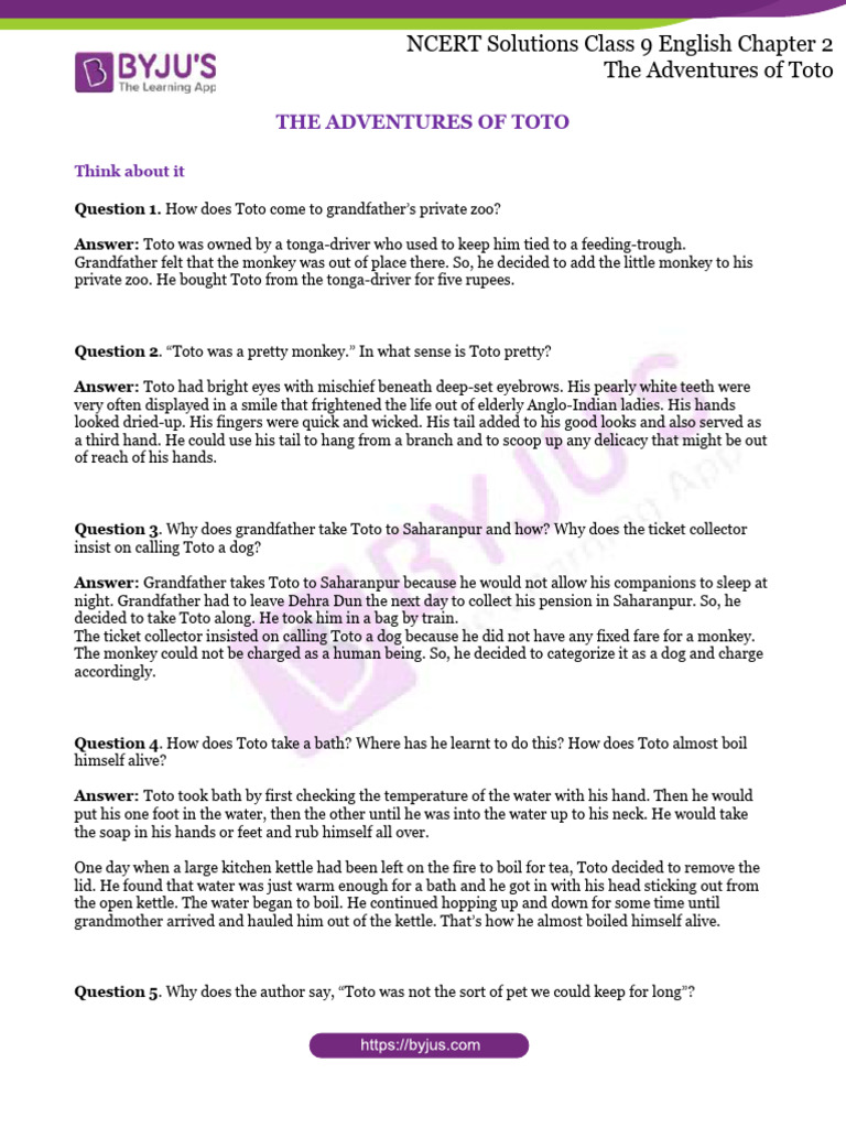 Ncert Solutions For Class 9 English Chapter 2 Toto | PDF
