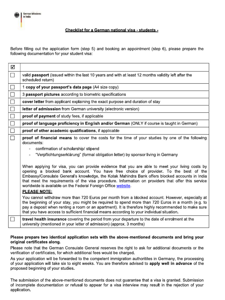 Germany Study Visa Checklist | PDF