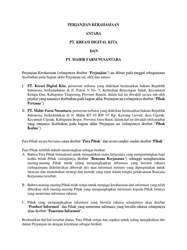 Perjanjian Kerahasiaan PT Mahir Farm | PDF | Pengelolaan Keuangan ...