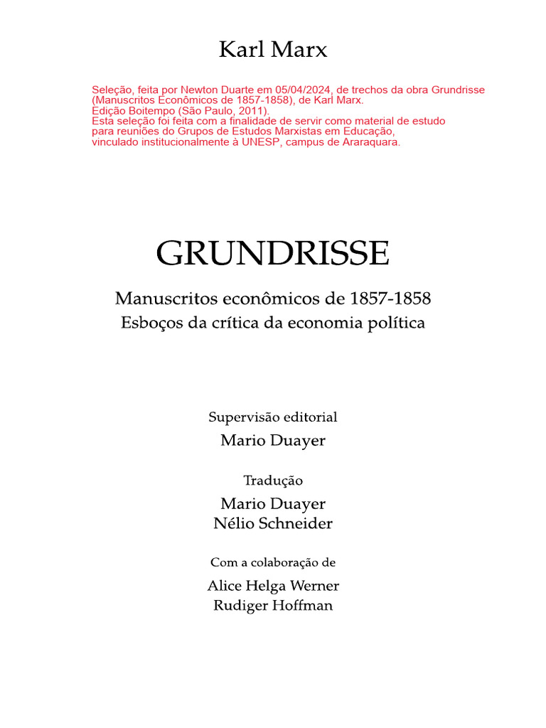 Grundrisse: Análise Crítica de Marx | PDF | Karl Marx | Economia