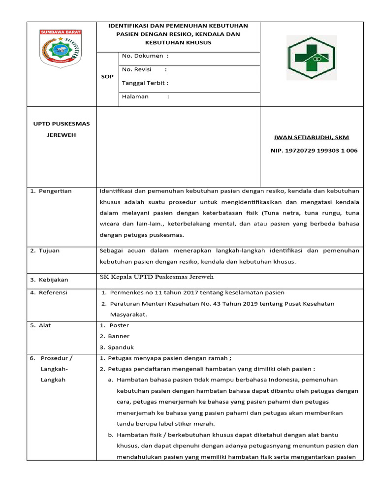SOP Pemenuhan Kebutuhan Pasien Khusus | PDF