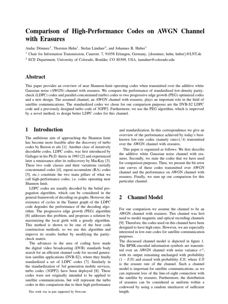 Comparison of High-Performance Codes On AWGN Channel With Erasures | PDF | Low Density Parity ...