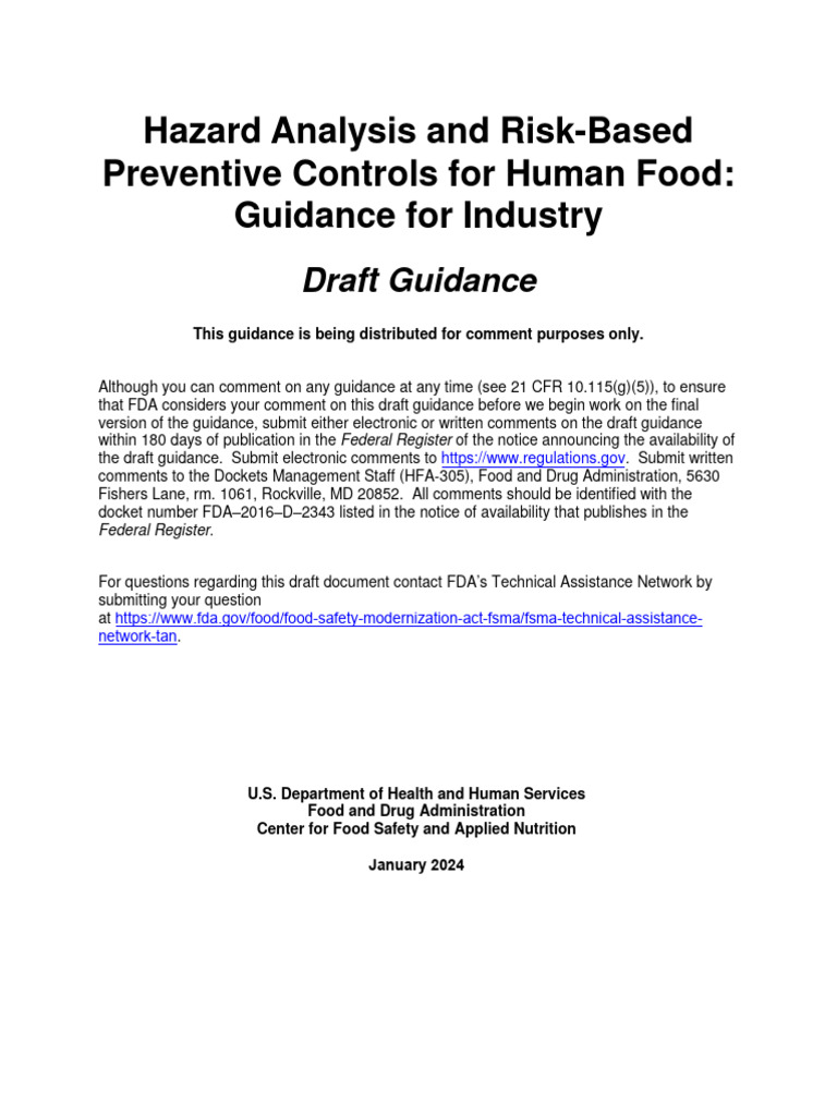 Draft Hazard Analysis and Risk-Based Preventive Controls For Human Food ...