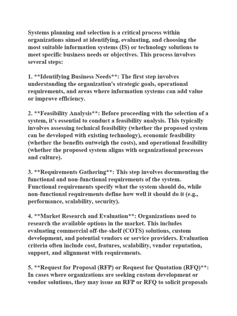 Systems Planning and Selection Is A Critical Process Within Organizations Aimed at Identifying ...