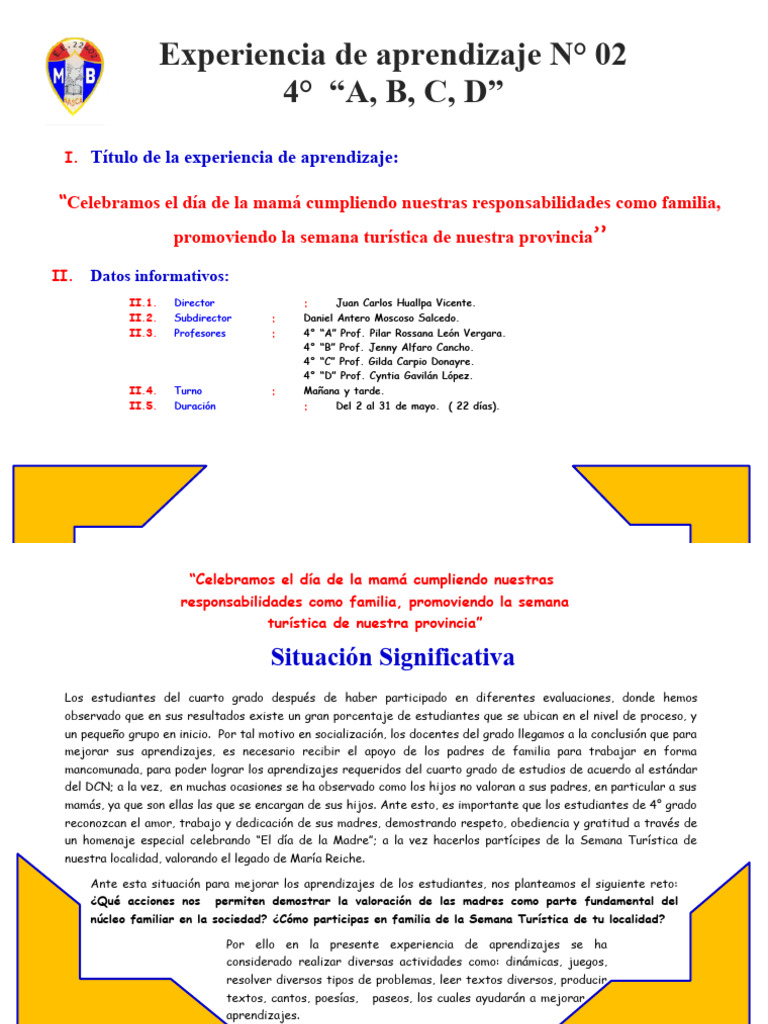 Experiencia de Aprendizaje N°2 - Cuarto Grado A | PDF | Multiplicación | Maestros
