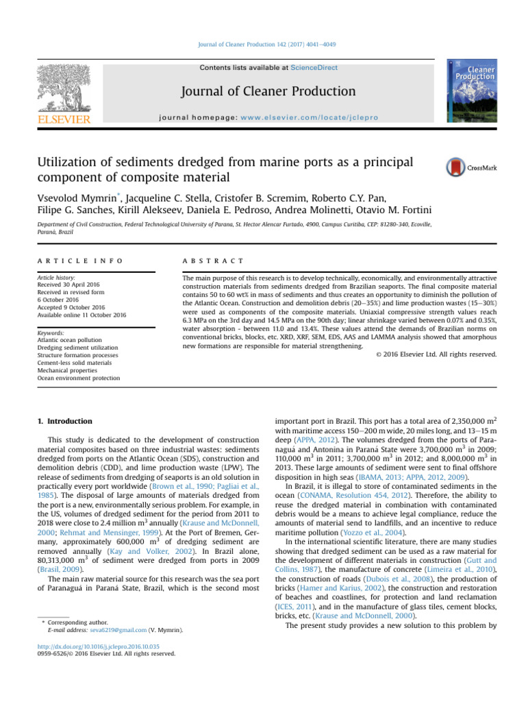 Utilization of Sediments Dredged From Marine Ports As A Principalcomponent of Composite Material ...