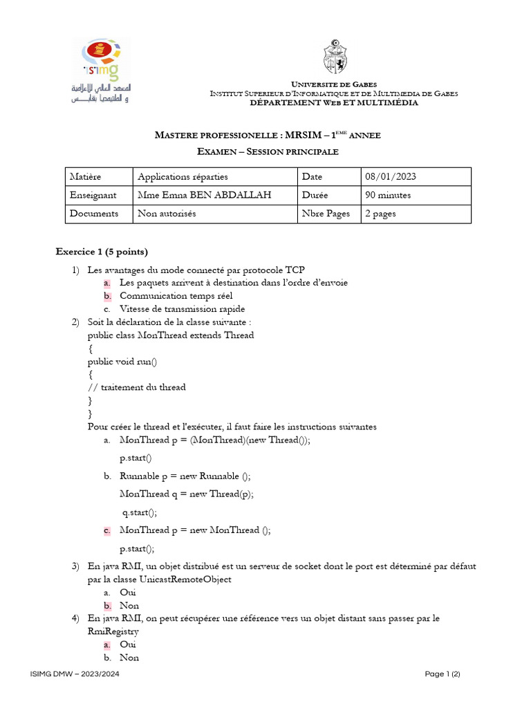 Examen SARrévision | PDF | Client–serveur | Java (Langage de programmation)