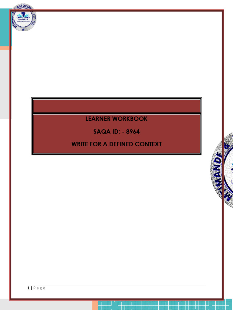 SAQA 8964 - Learner WorkBook | PDF | Learning | Cognition