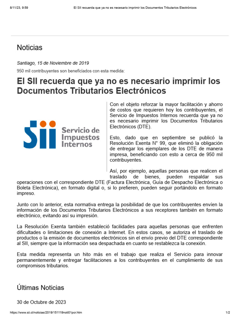 El SII Recuerda Que Ya No Es Necesario Imprimir Los Documentos Tributarios Electrónicos | PDF