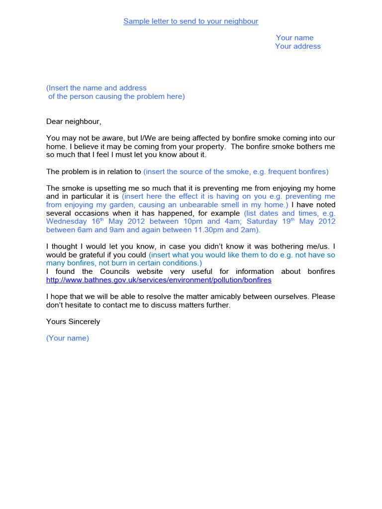 Sample Letter To Send To Neighbour - Bonfire Final | PDF