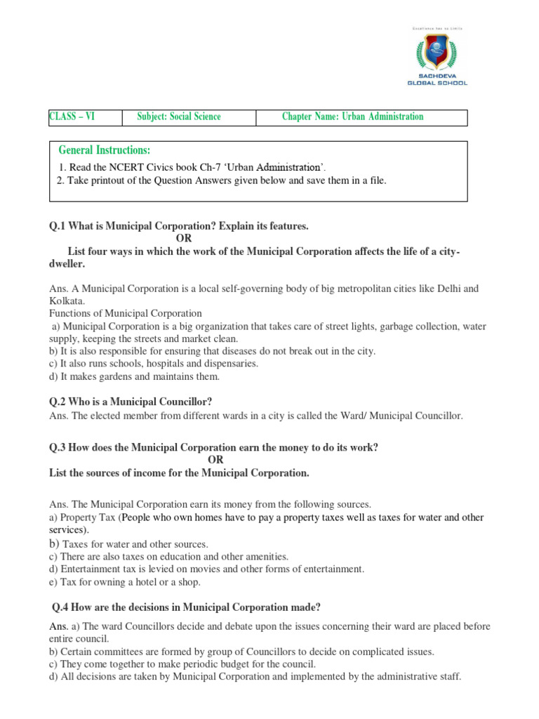 Class-Vi SST Notes-19 Urban Administration | PDF | Taxes | Local Government
