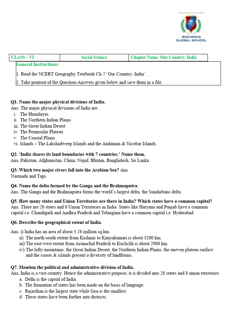 Class-VI SST Notes-20 Our Country India | PDF | Physiographic Divisions ...
