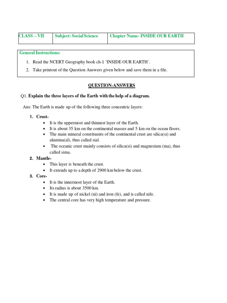 Class-VII SST Notes-3 Inside Our Earth | PDF | Rock (Geology) | Igneous ...