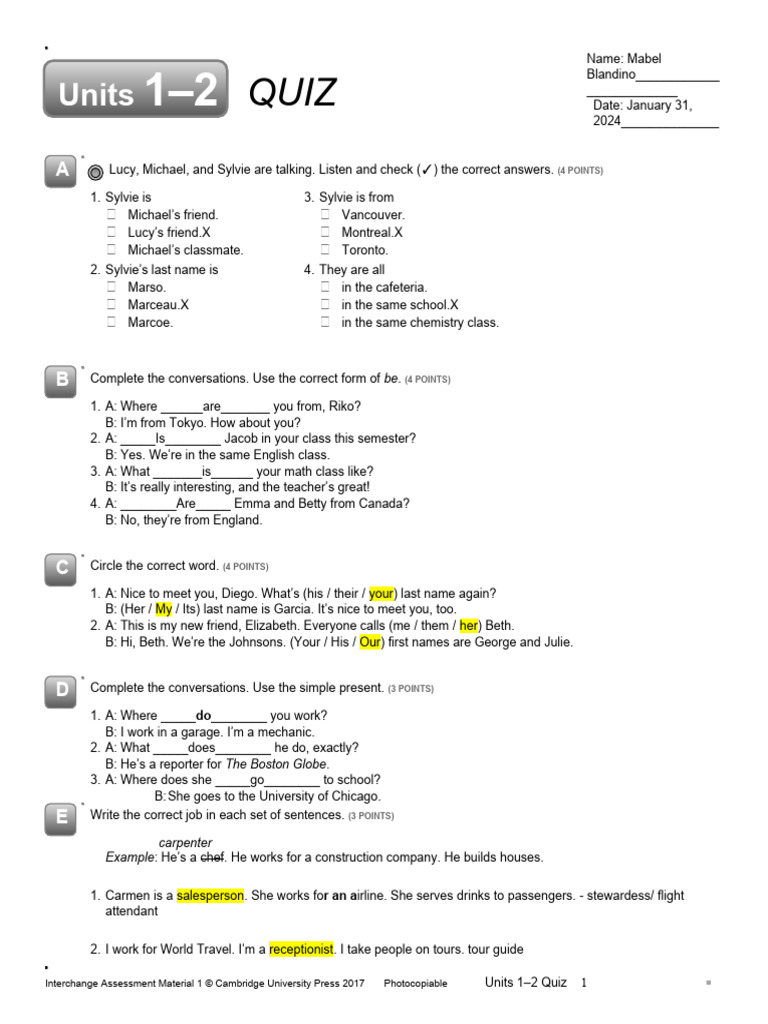 Interchange 1 5TH Edition Quiz Units 1-2 | PDF