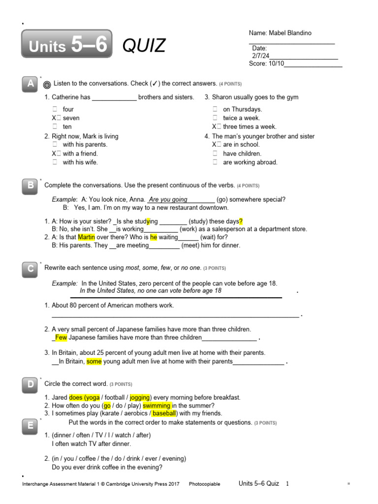 Interchange 1 5TH Edition Quiz Units 5 6 | PDF