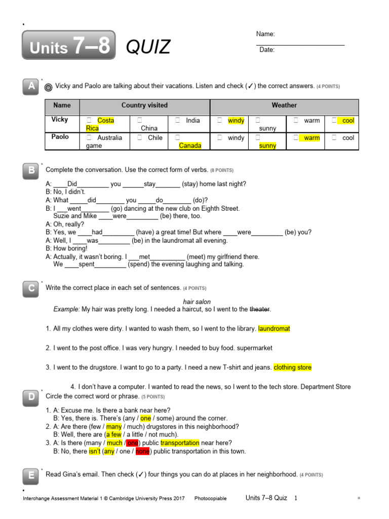 Interchange 1 5TH Edition Quiz Units 7 8 | PDF | Linguistics