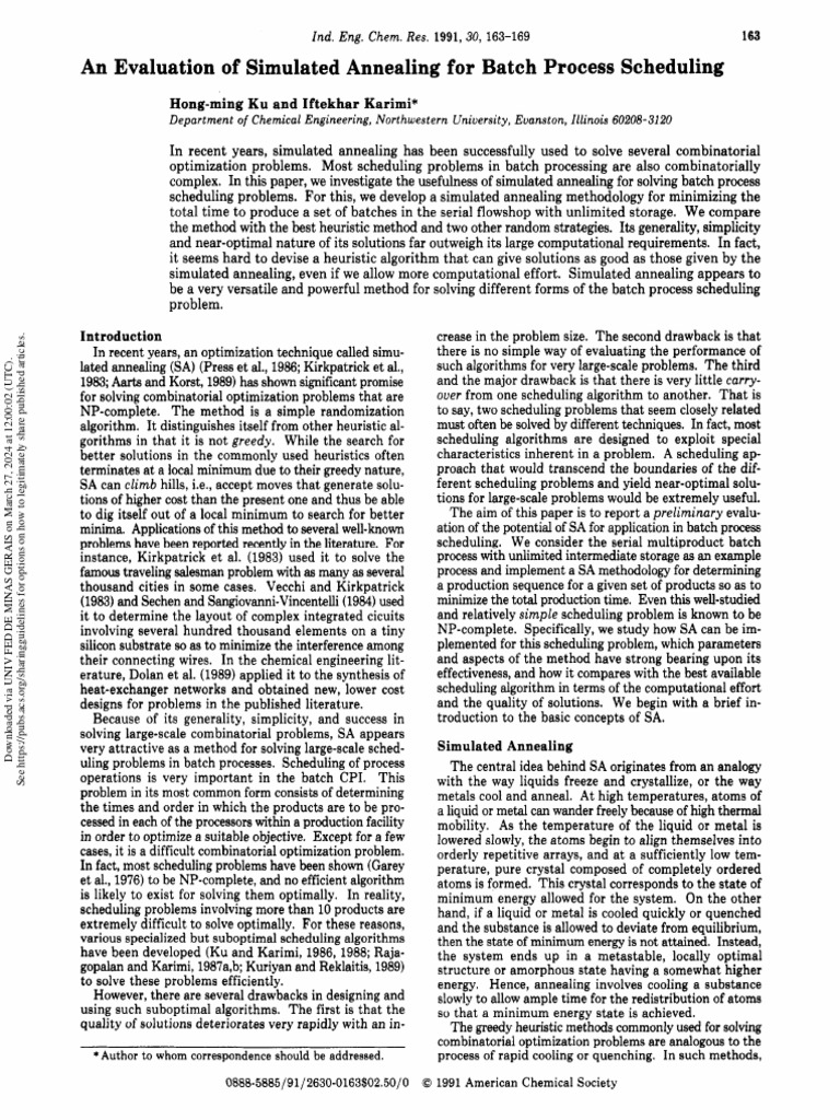 An Evaluation of Simulated Annealing For Batch Process Scheduling ... An Evaluation of Simulated Annealing For Batch Process Scheduling ...