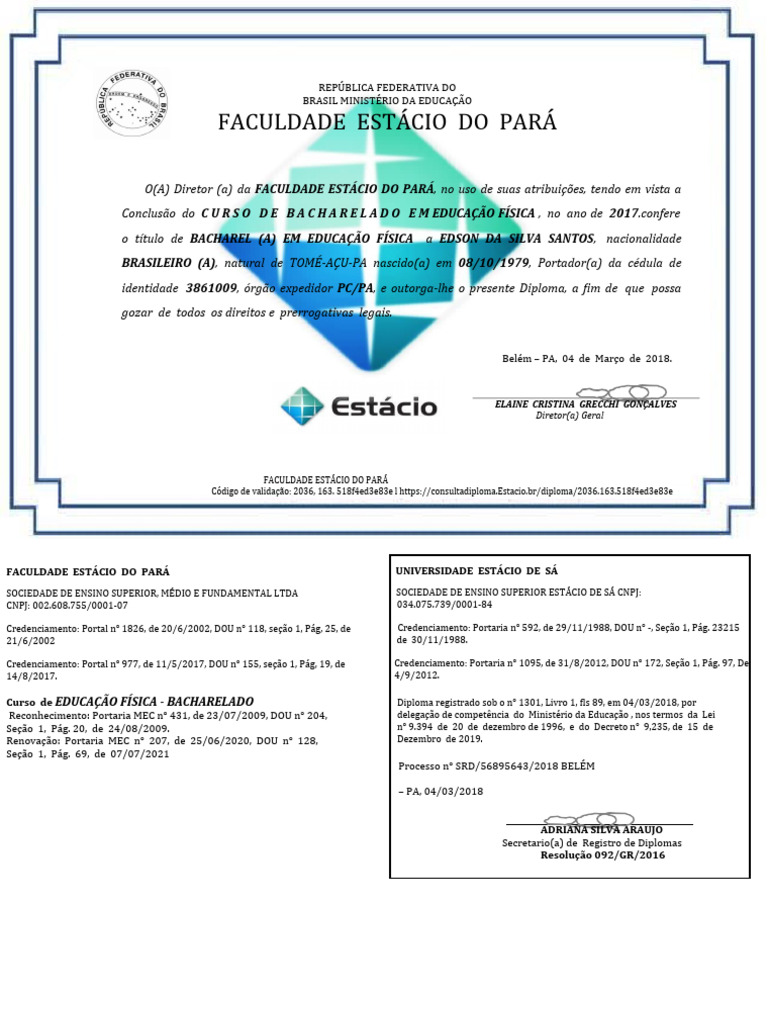 Diploma de Bacharel em Educação Física 2018 | PDF | Estágios educacionais