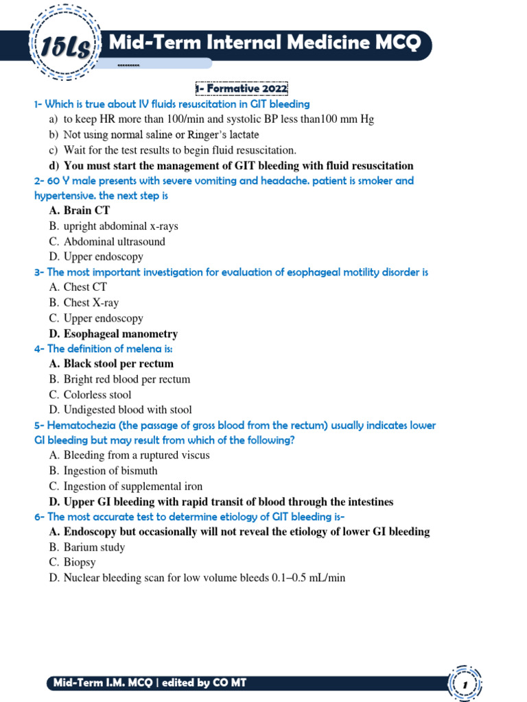 Mid-Term Internal Medicine MCQs | PDF | Hyperglycemia | Hypoglycemia