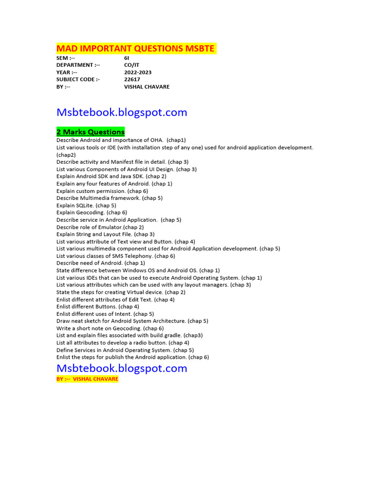 Mad Important Questions Msbte | Download Free PDF | Android (Operating System) | Databases