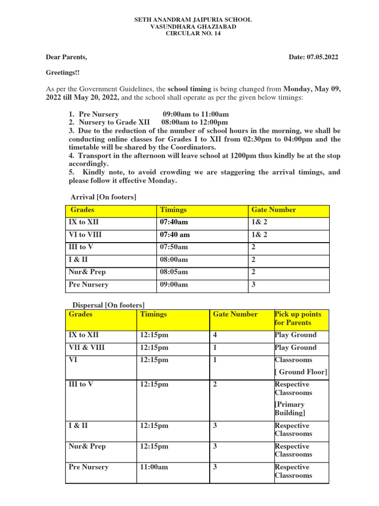 Circular 14, Change Timings, All Classes | PDF