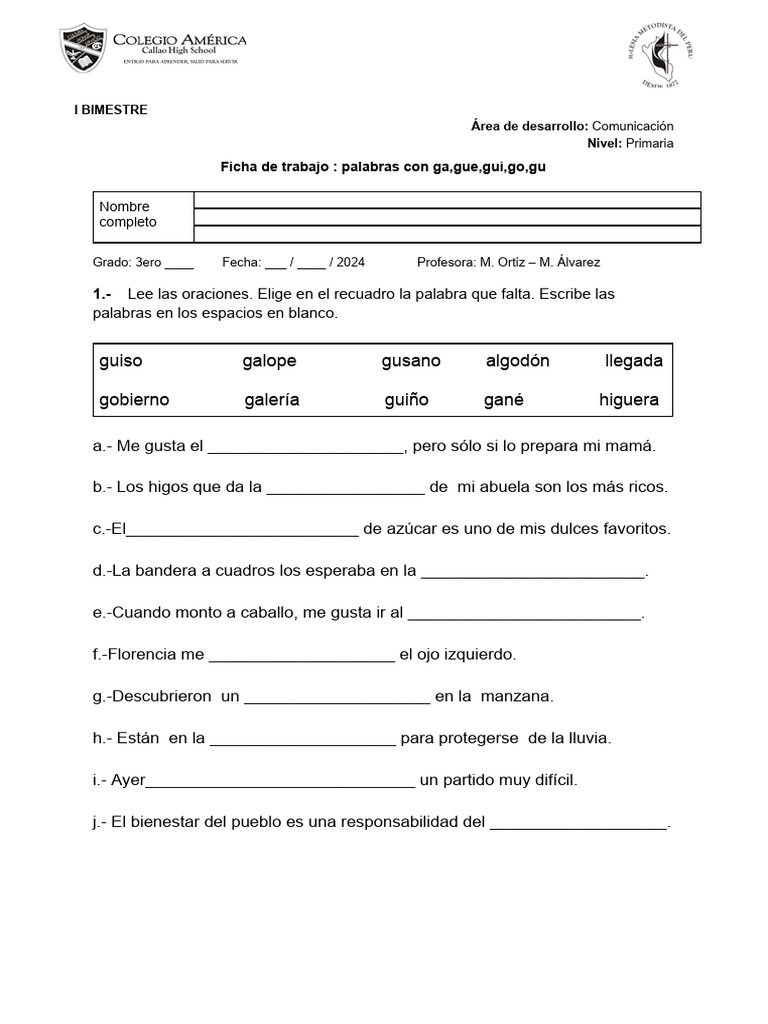 Ficha de Trabajo - Palabras Con Ga, Gue, Gui, Go, Gu | PDF