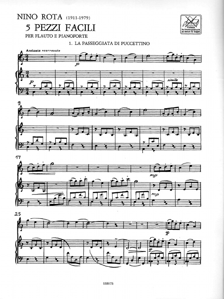 Rota - Cinque Pezzi Facili (Per Flauto e Pianoforte) | PDF