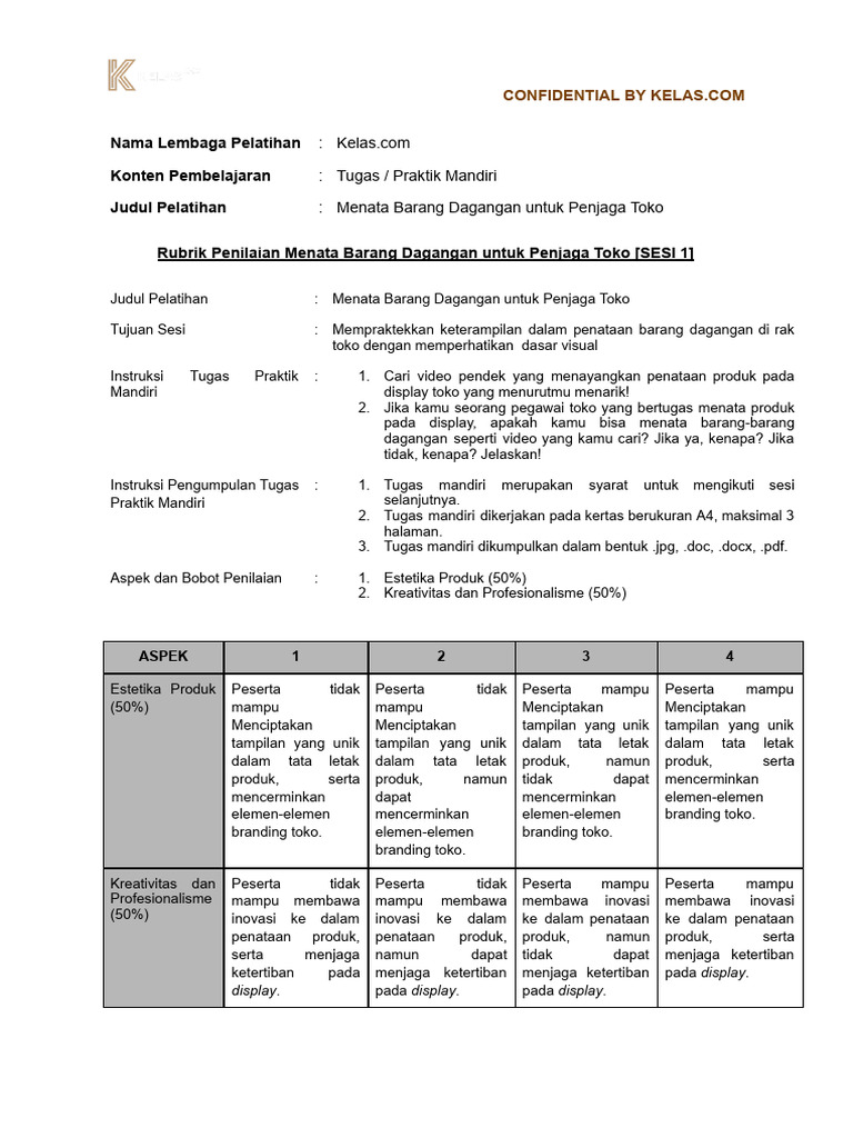 TPM (SESI 1) - TPM - RUBRIK - Menata Barang Dagangan Untuk Penjaga Toko | PDF