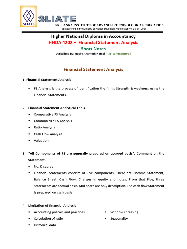 FSA 4202 Short Notes - Part 1 | PDF | Balance Sheet | Leverage (Finance)