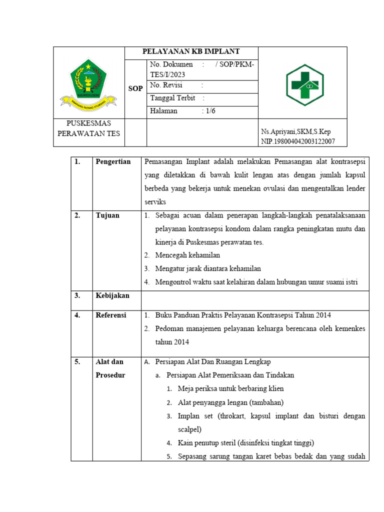 Sop Pelayanan KB Implant | PDF