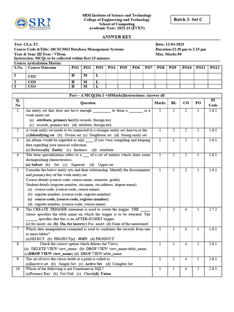 Ct 2 Batch 2 Set C Answer Key Pdf Data Management Software