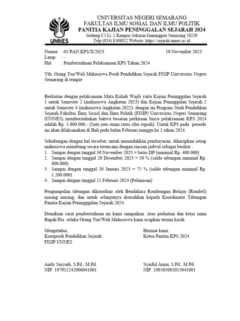 Surat Pemberitahuan Biaya KPS 24 - Ilmu | PDF