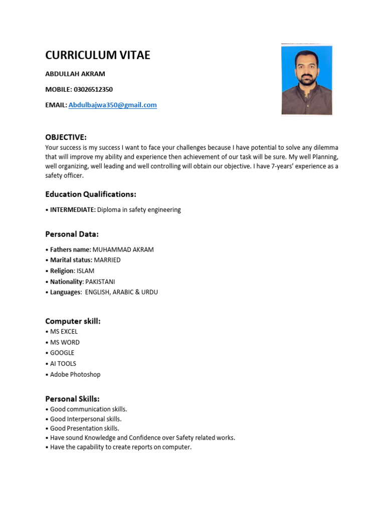 Abdullah Akram CV | PDF | Occupational Safety And Health | Safety