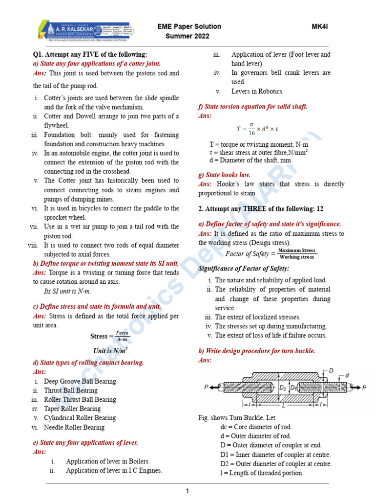 EME W22 Solution | Download Free PDF | Stress (Mechanics) | Bearing ...