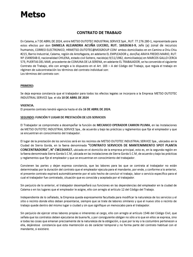 Contrato Sta Mario Araya | PDF | Derecho laboral | Economias