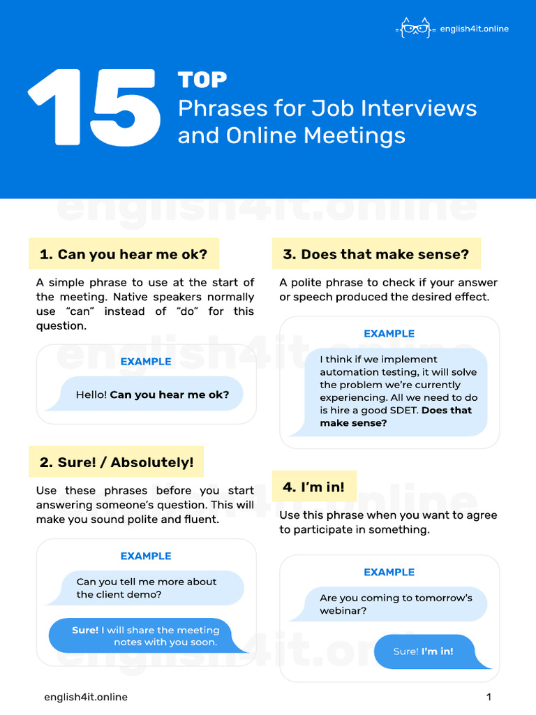 Top 15 Phrases For Job Interviews and Online Meetings | PDF