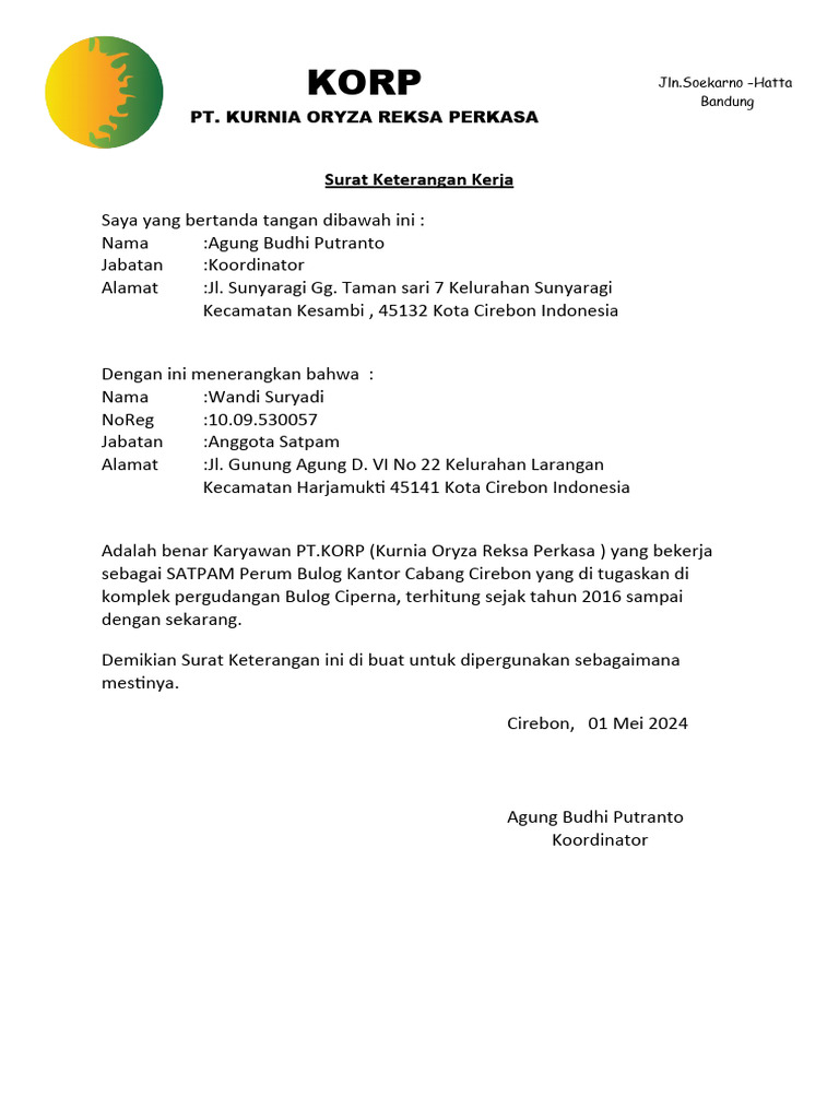 Surat Keterangan Kerja Korp | PDF