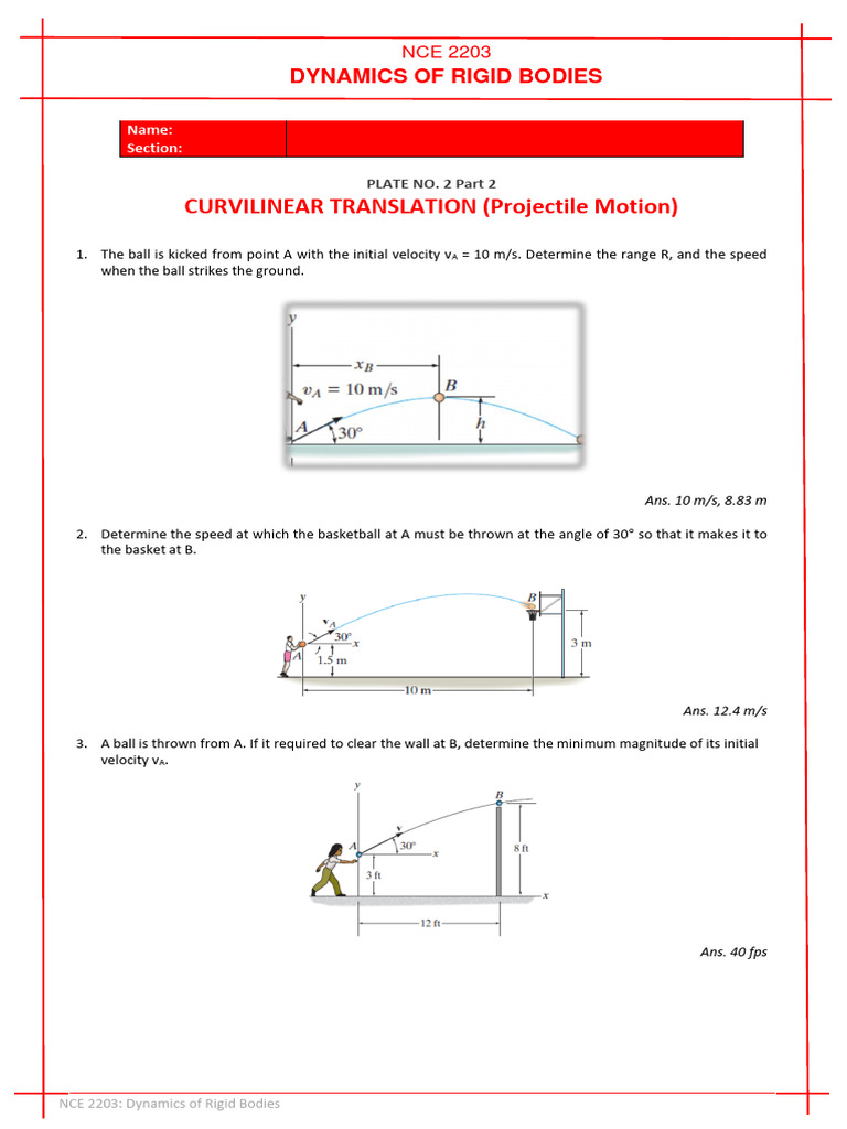 Plate No.2 Part 2. Curvilinear Translation (Projectile Motion) | PDF
