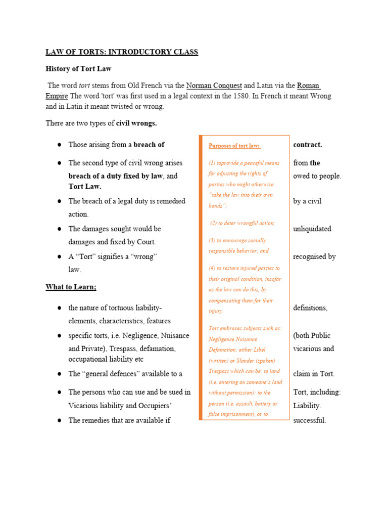 Law of Torts Introductions | PDF | Tort | Legal Liability