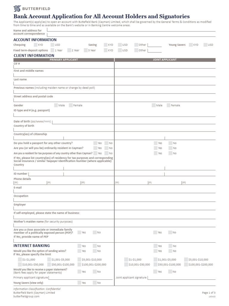 Butterfield Account Opening Form Cayman | PDF | Identity Document | Banks