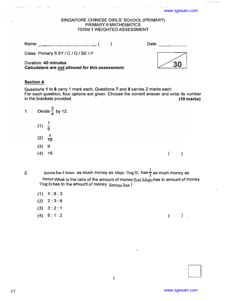 2023-P6-Maths-Weighted Assessment 1-SCGS | PDF