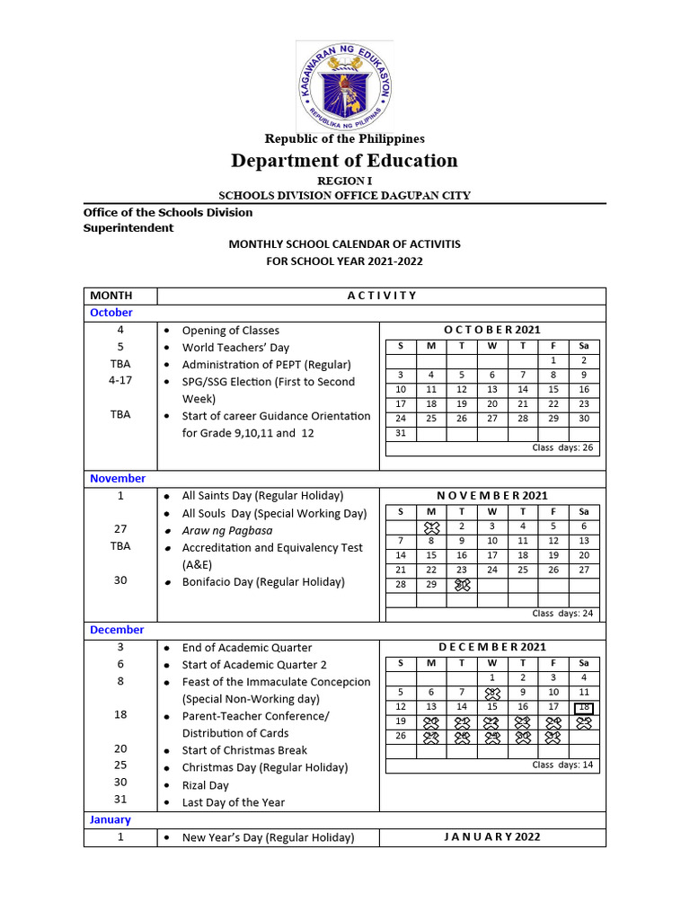 Philippines School Calendar 2021-2022 | PDF | Observances | Holidays
