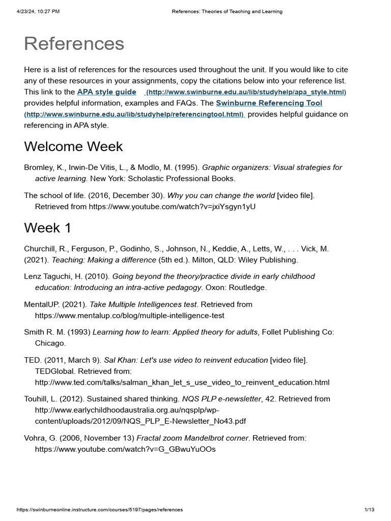 References - Theories of Teaching and Learning Ass2 | PDF | Psychoanalysis | Psychology