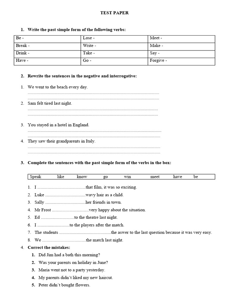 Past Simple Verb Test Paper | PDF | Languages | Foreign Language Studies