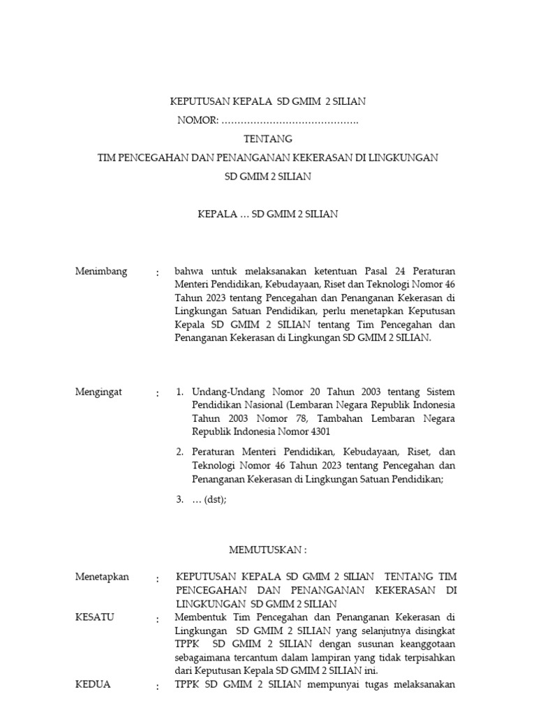 Lampiran 2 - Contoh SK Kepala Satuan Pendidikan Pembentukan TPPK (File ...