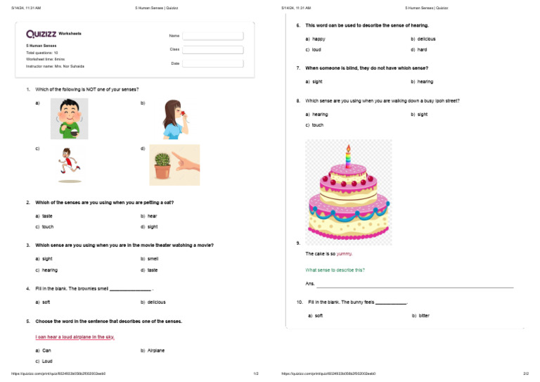 5 Human Senses - Quizizz | Download Free PDF | Senses | Neuroscience