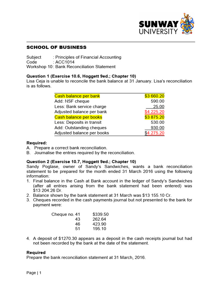 Workshop 9 Bank Reconciliation Statement - Ss | PDF | Banks | Cheque